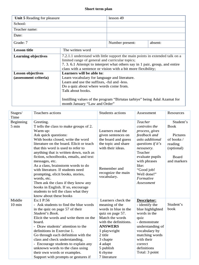 7th Grade Literature Lesson Plan | PDF | Vocabulary | Reading Comprehension