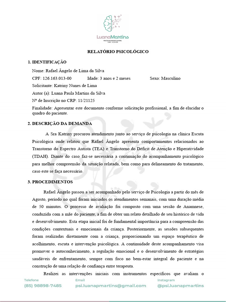 Relatório Psicológico: Rafael Ângelo | PDF | Transtorno de déficit de ...