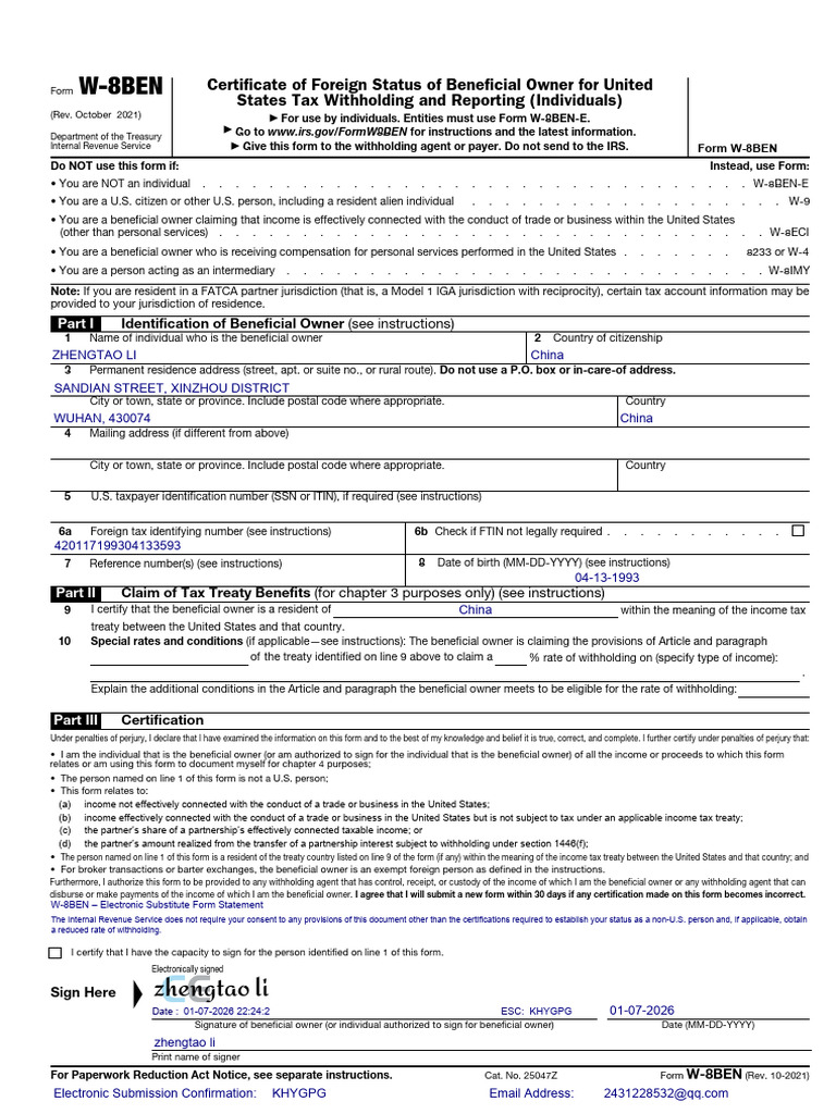 W-8BEN Form for Foreign Tax Status | PDF | United States Law | Taxation