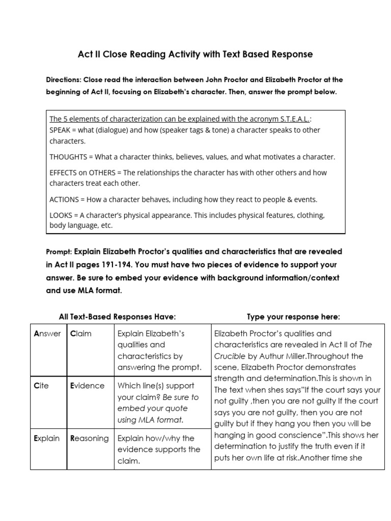 Copy of Act II Close Reading Activity with Text Based Response | PDF ...