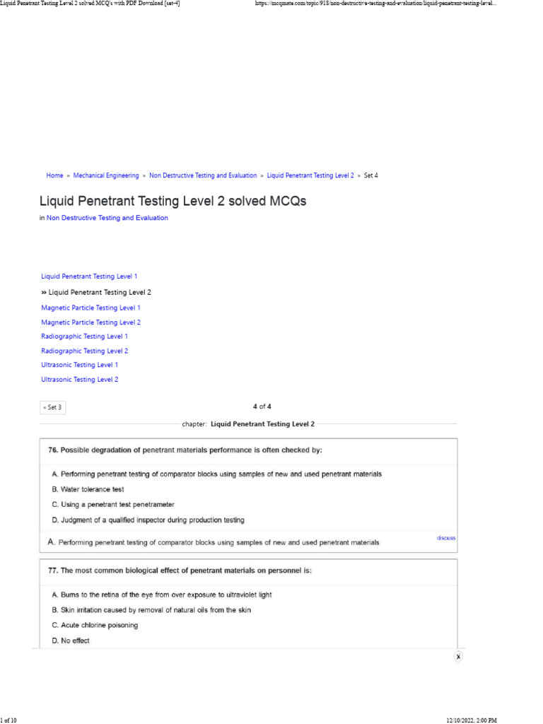 Liquid Penetrant Testing Level 2 Solved MCQ's With PDF Download [Set-4 ...