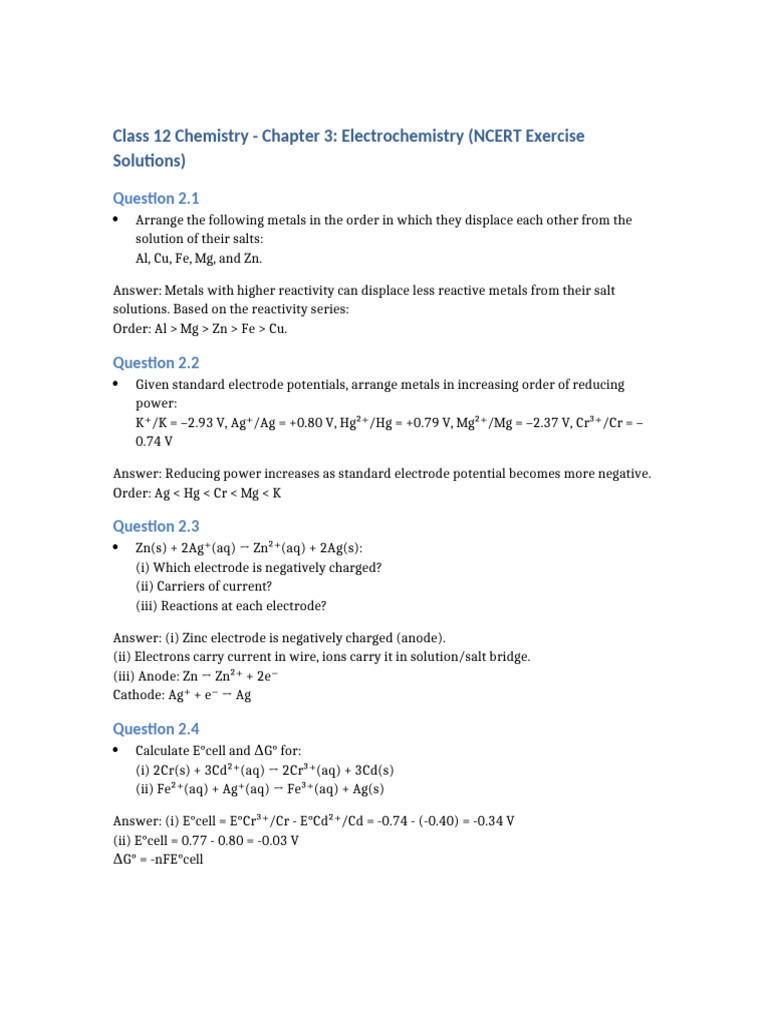 NCERT Class 12 Electrochemistry Solutions | PDF | Anode | Electrochemistry