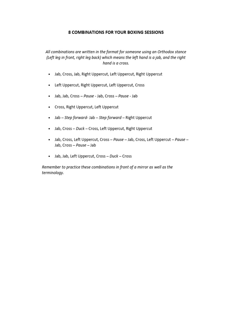 8 Boxing Combinations for Training | PDF