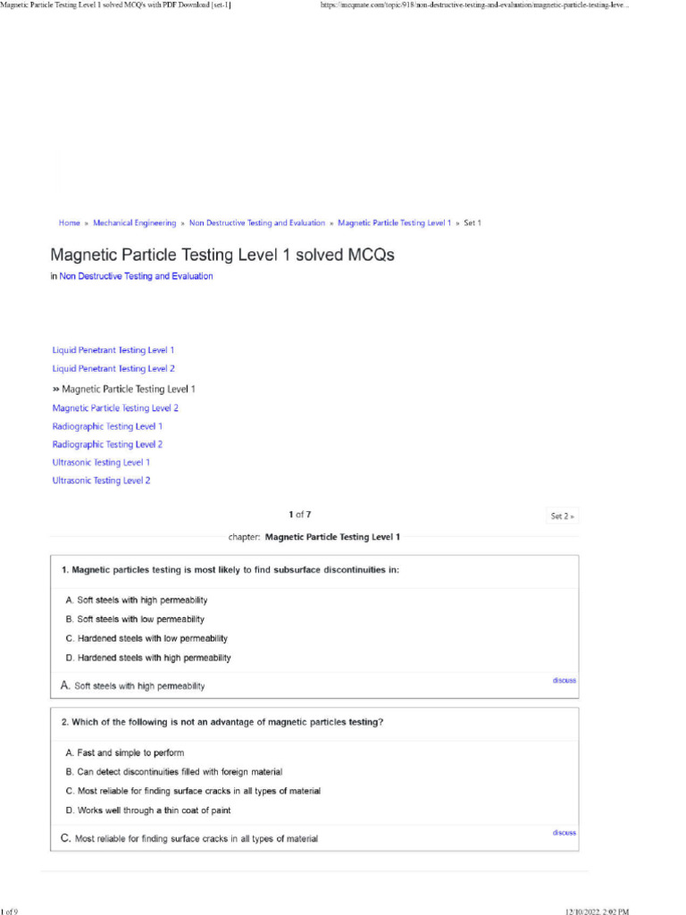 Magnetic Particle Testing Level 1 Solved MCQ's With PDF Download (Set-1 ...