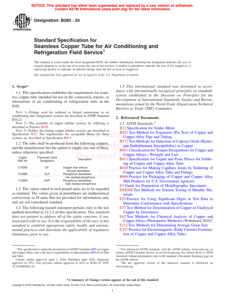 ASTM B280-20: Copper Tube Standards | PDF | Engineering Tolerance ...