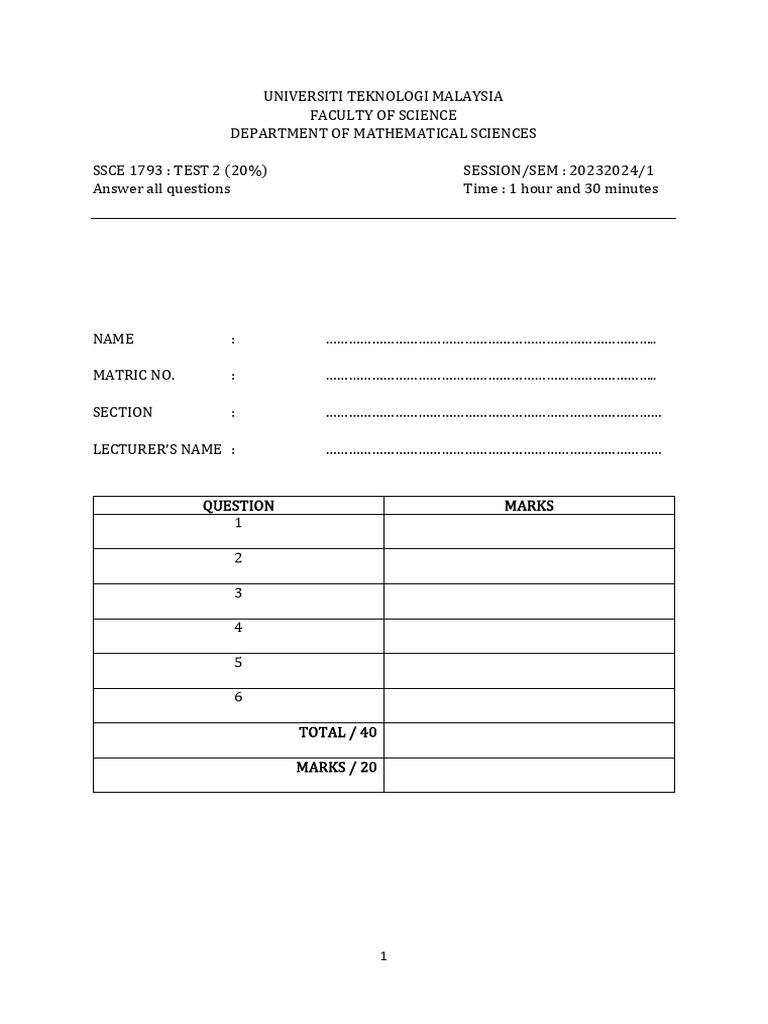 Q-Test 2 SSCE1793_2324-1 | PDF | Subtraction | Applied Mathematics
