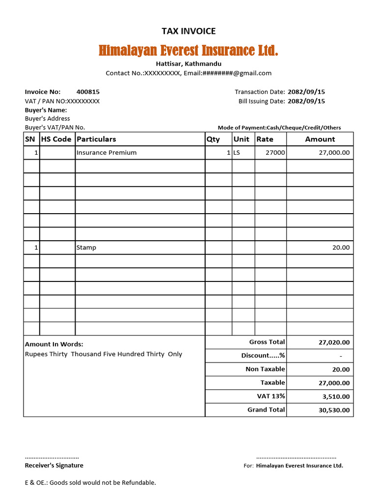VAT Invoice for Insurance Premium | PDF