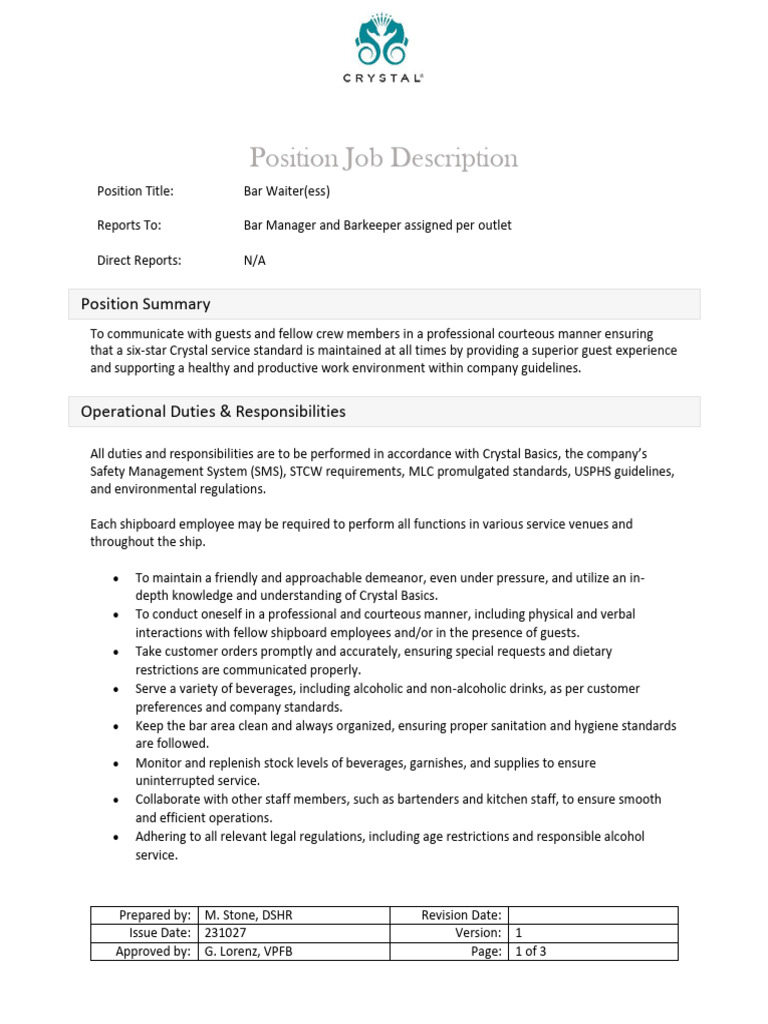 10.05 - Job Description - Bar Waiter(ess) | PDF | Bartender