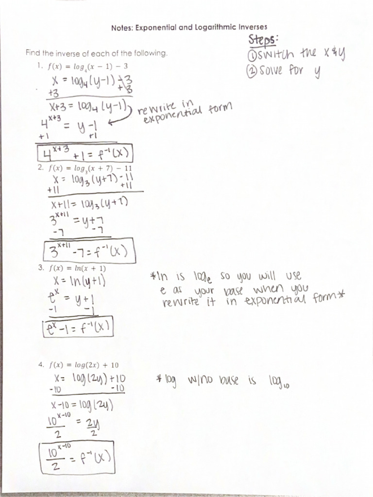 Notes Exponential and Logarithmic Inverses | PDF