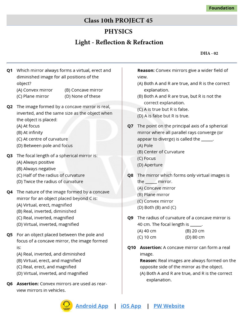 Spherical Mirrors: Image Formation Quiz | PDF | Mirror | Glass ...