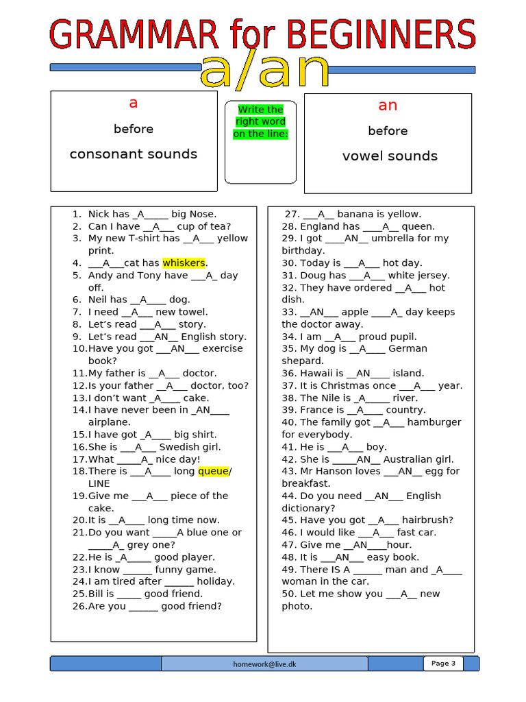 Grammar for Beginners a or an Fun Activities Games Grammar Drills ...