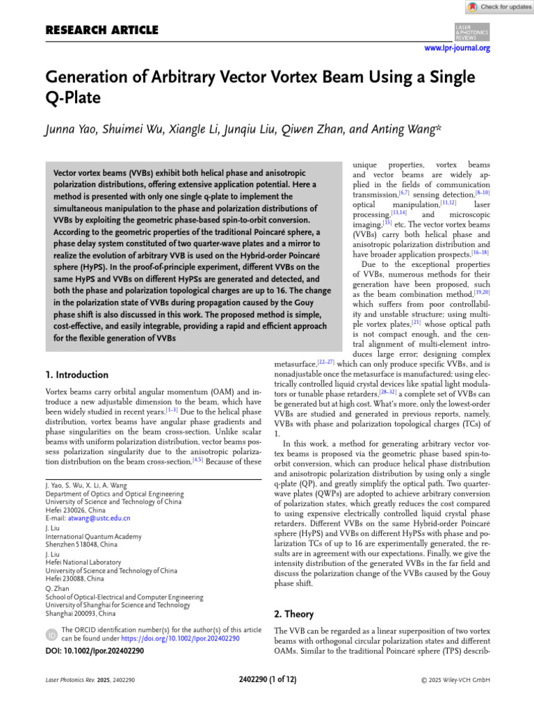 Generation of arbitrary vector vortex beam using a single q-plate(ç§ ç ...