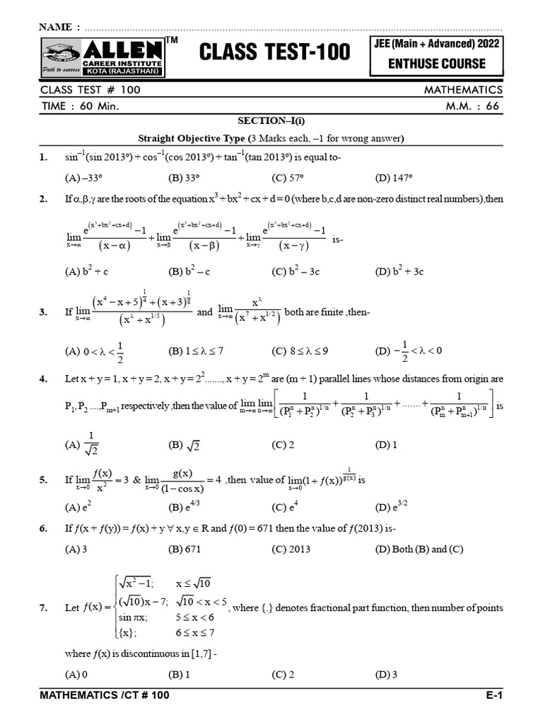 0803 Class Test-100 Math Student Copy | PDF | Function (Mathematics ...