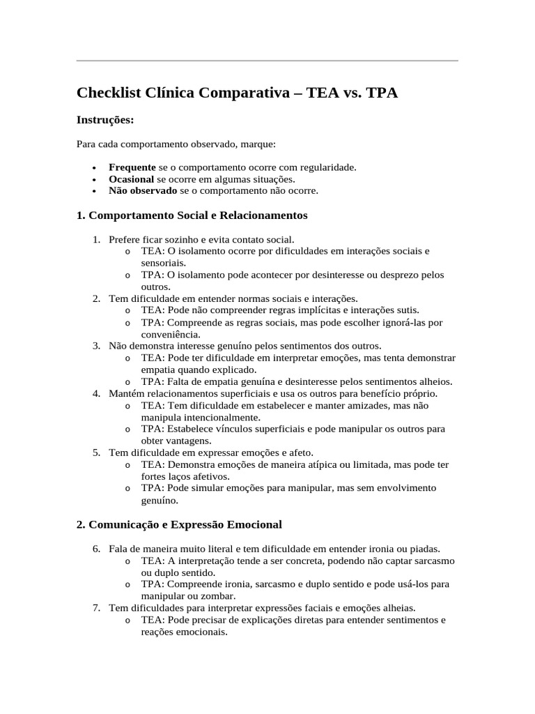 Checklist TEA e TPA: Comportamentos e Diagnóstico | PDF | Transtorno de ...