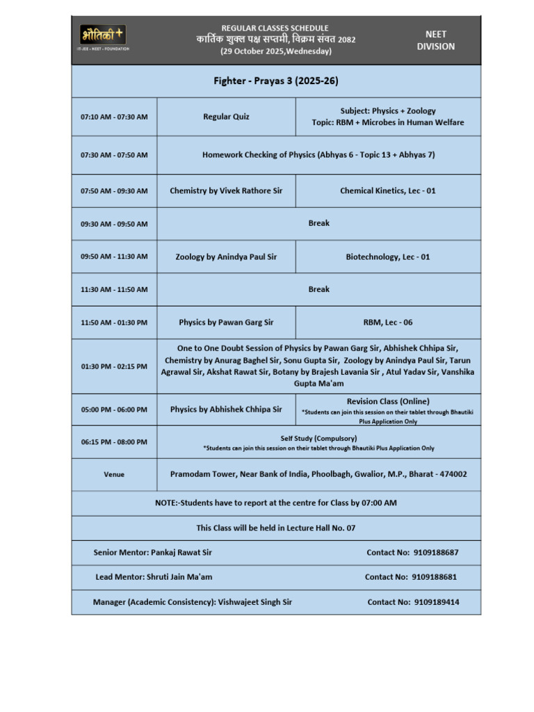 Regular Classes Schedule Fighter Prayas 3 (29!10!2025) | PDF