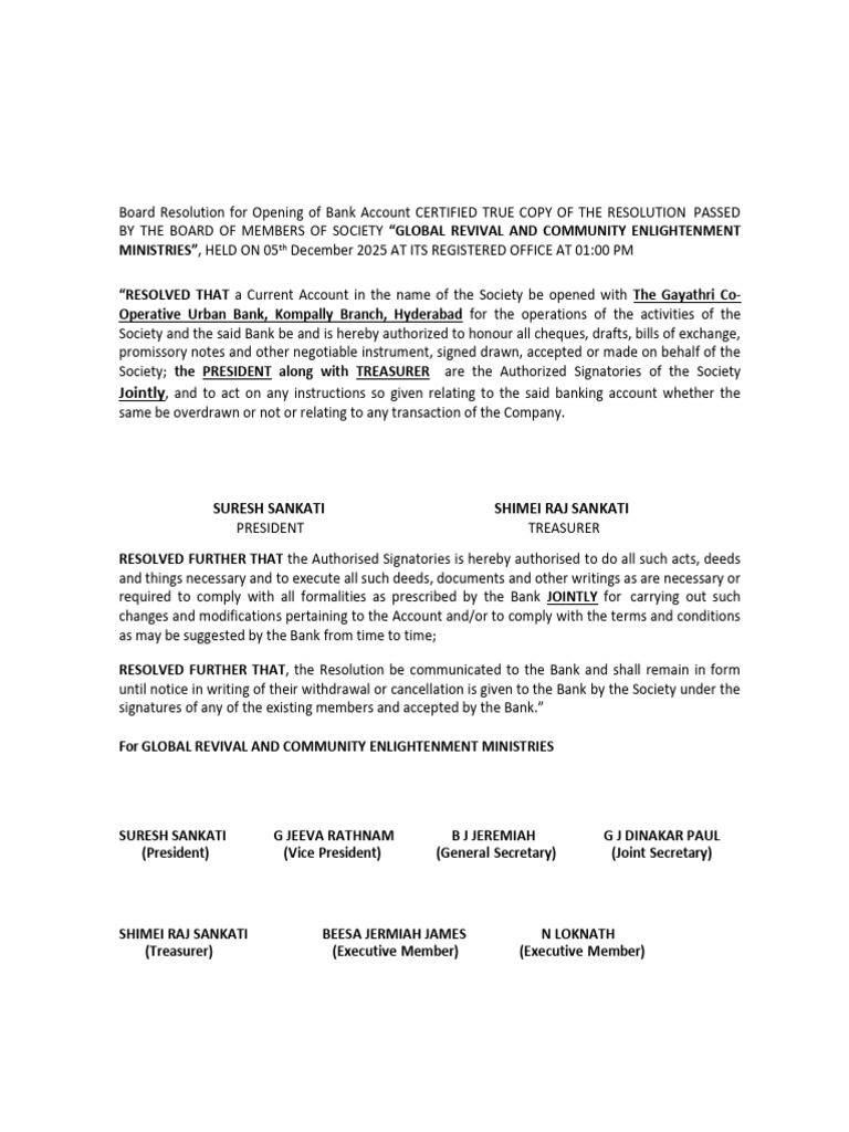 Board Resolution for Opening Bank Account | PDF