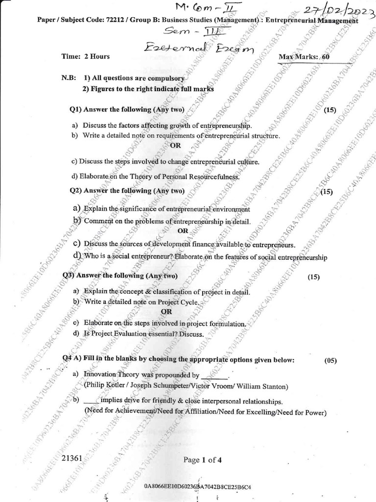 MCOM SEM 3 Entrepreneurial Management Question Paper - Feb 2023 (1) | PDF