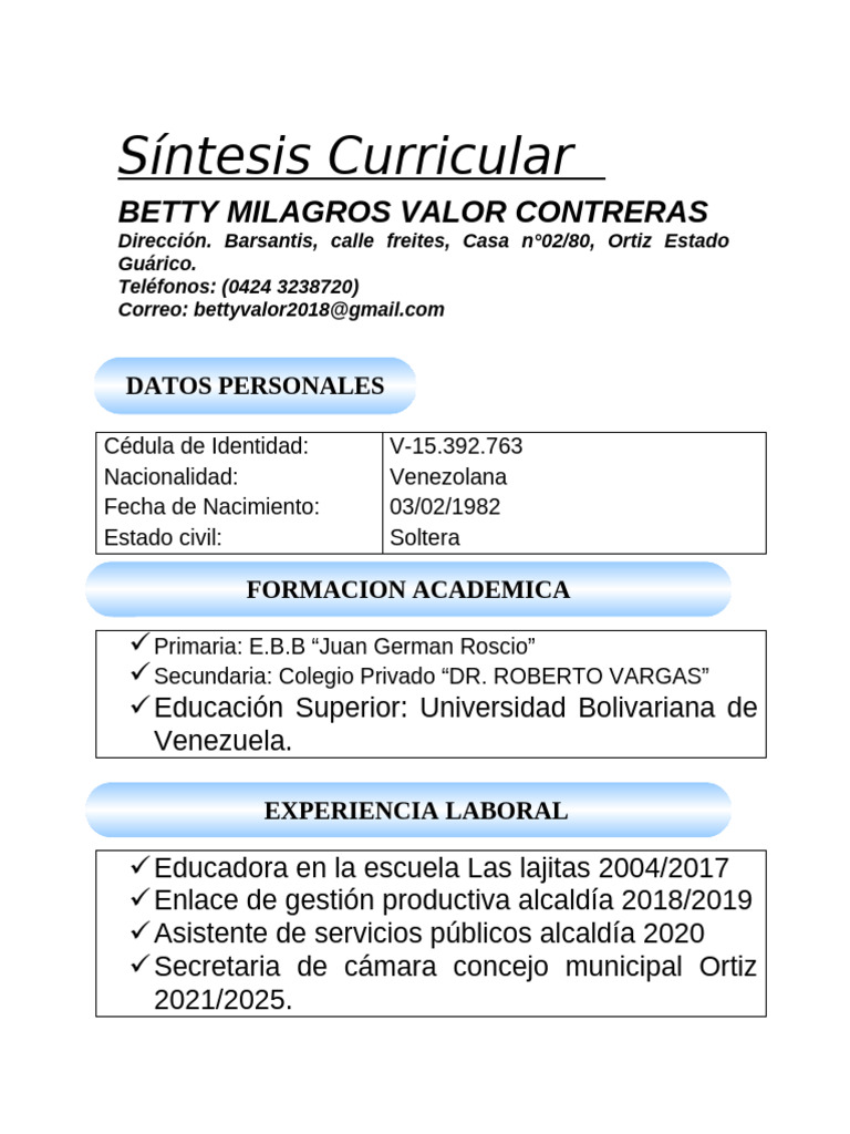 Síntesis Curricular de Betty Valor Contreras | PDF