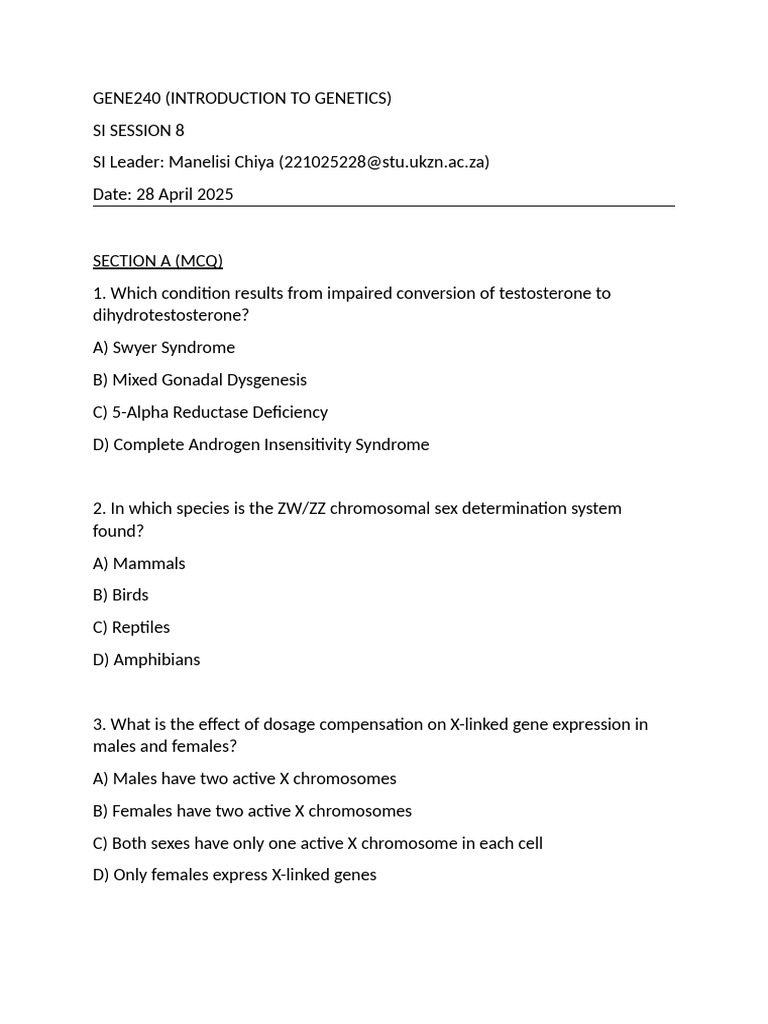 GENE240 SI Session 8 Worksheet | PDF | Gene | Genetics