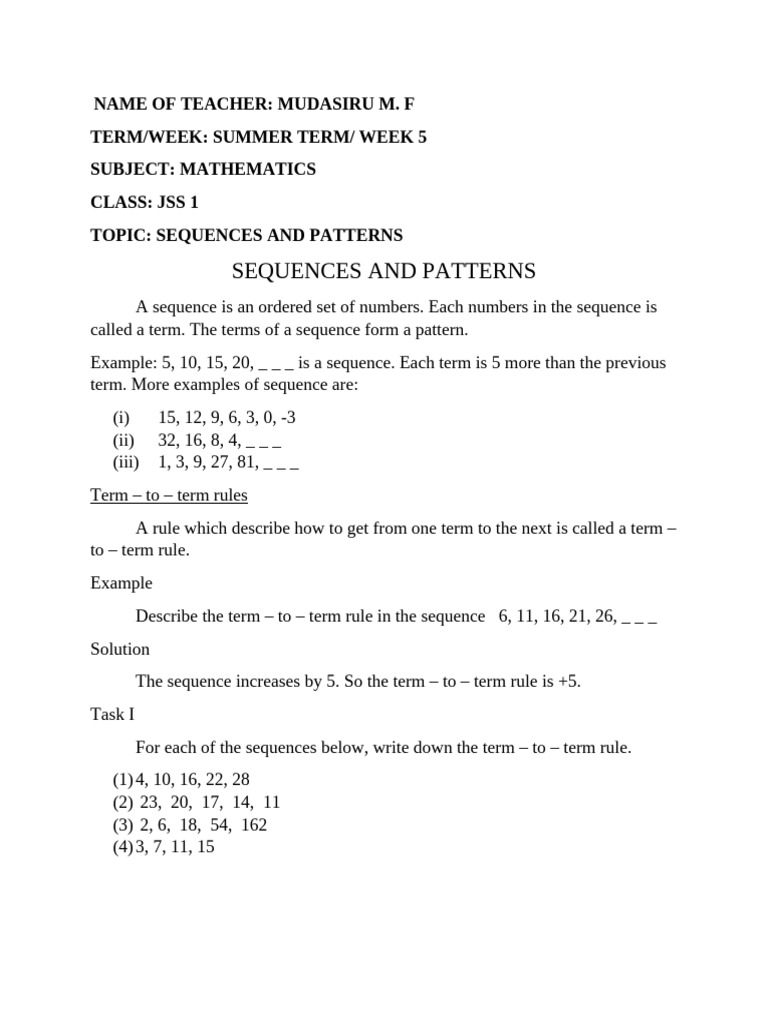 Jss1 Sequence Week 5 | PDF | Mathematics