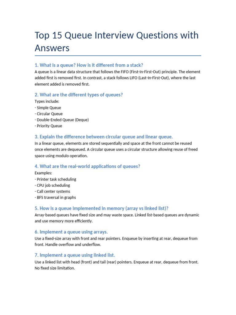 Top 15 Queue Interview QA | PDF | Queue (Abstract Data Type) | Computer Engineering