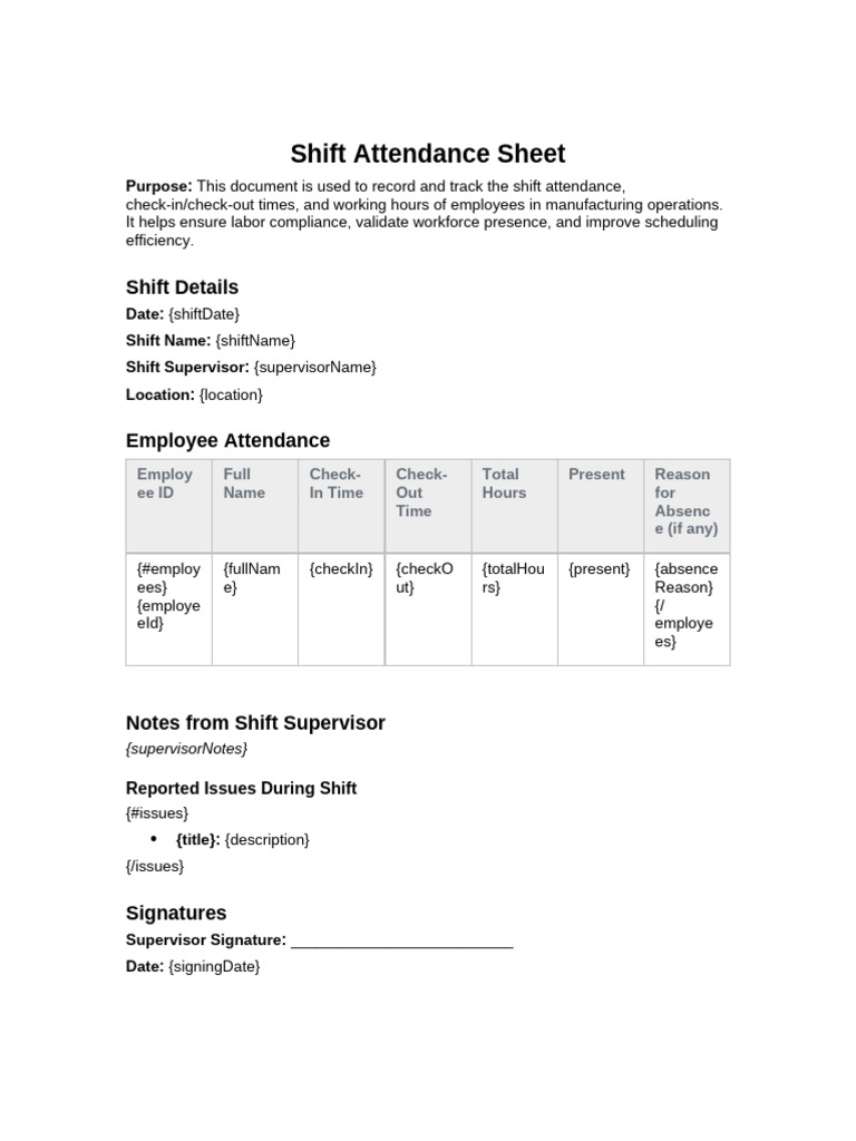 Shift Attendance Sheet | PDF