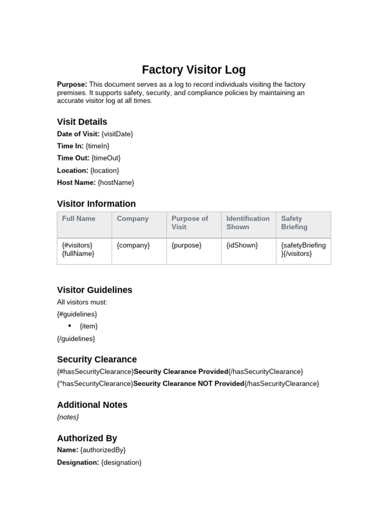 Factory Visitor Log Template | PDF