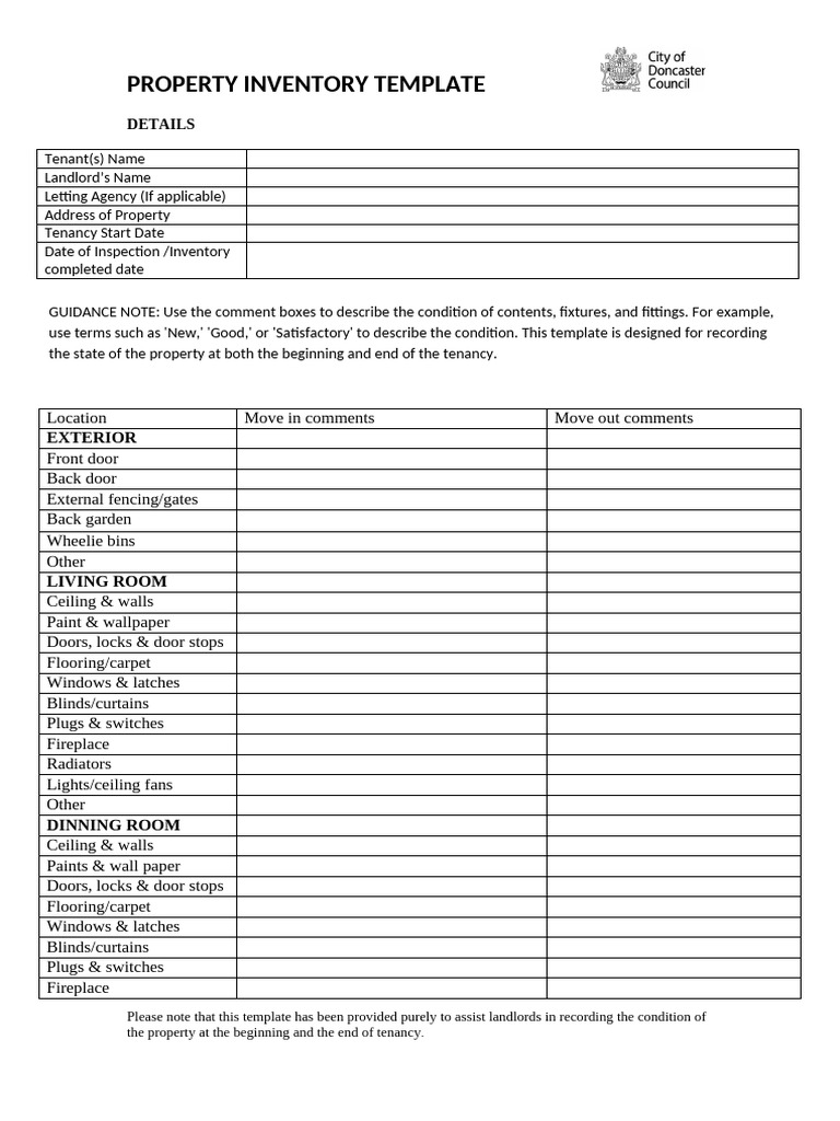 Property Inventory Checklist Template | PDF | Basement | Bathroom