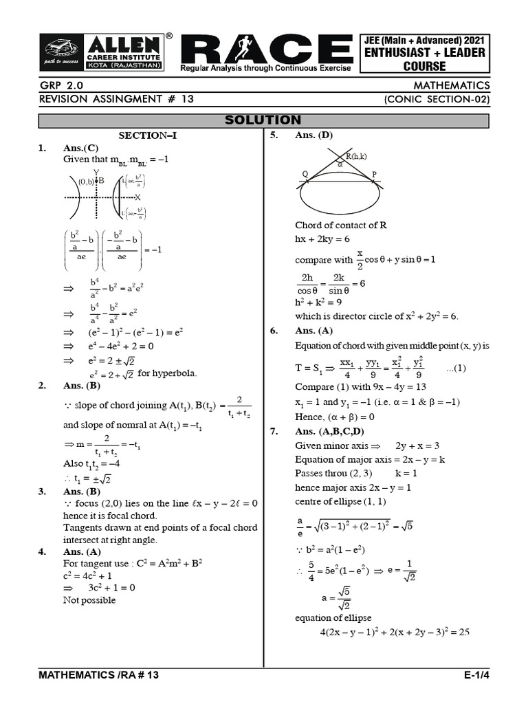 13 Ra Conic Section 02 Grp 2.0 Only Solution 1625039273 | PDF | Ellipse | Euclidean Geometry