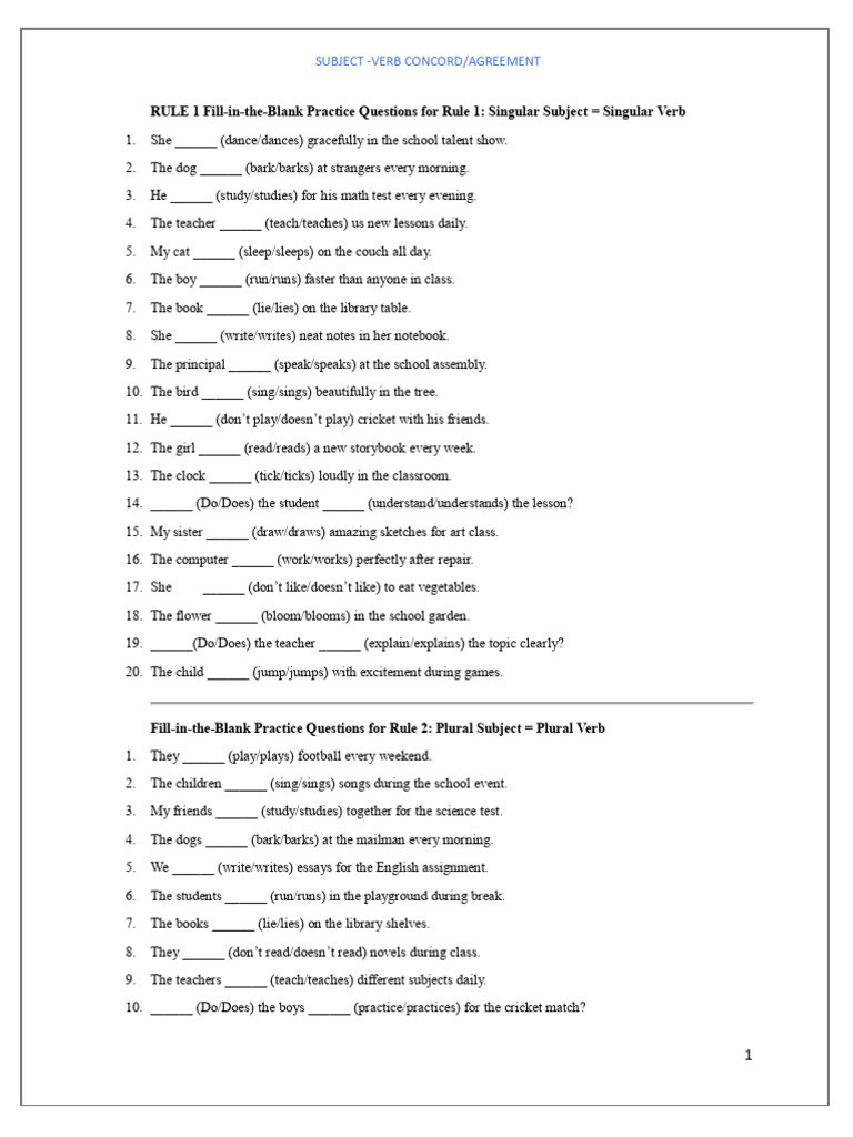Subject-Verb Agreement Practice Worksheets | PDF