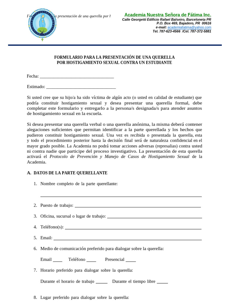 Formulario Modelo para la Presentación de Querella | PDF | Queja