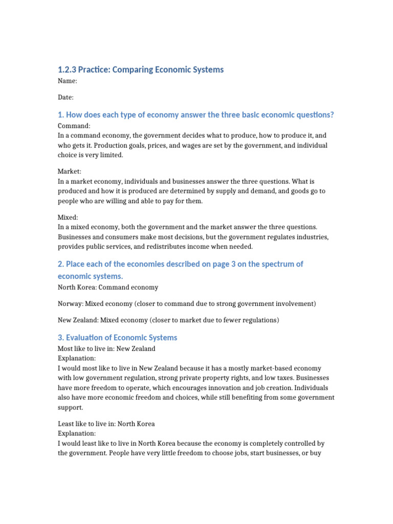 1.2.3 Practice Comparing Economic Systems Filled | PDF
