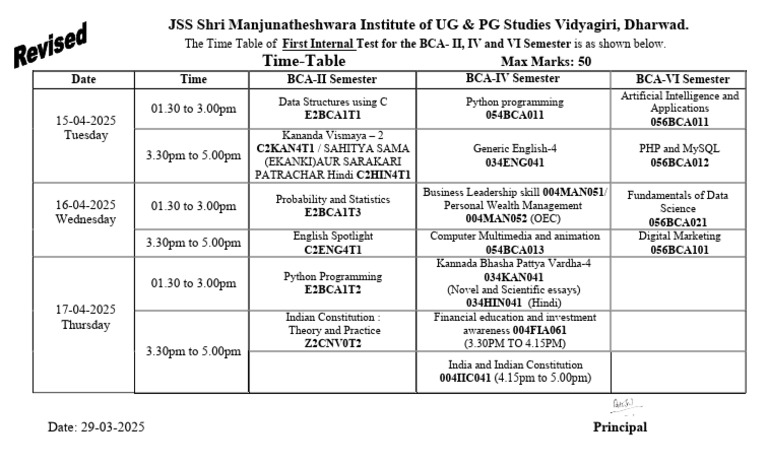 Bca-II,IV and Vi Sem First Internal Time-table-2024-25 | PDF | Computing