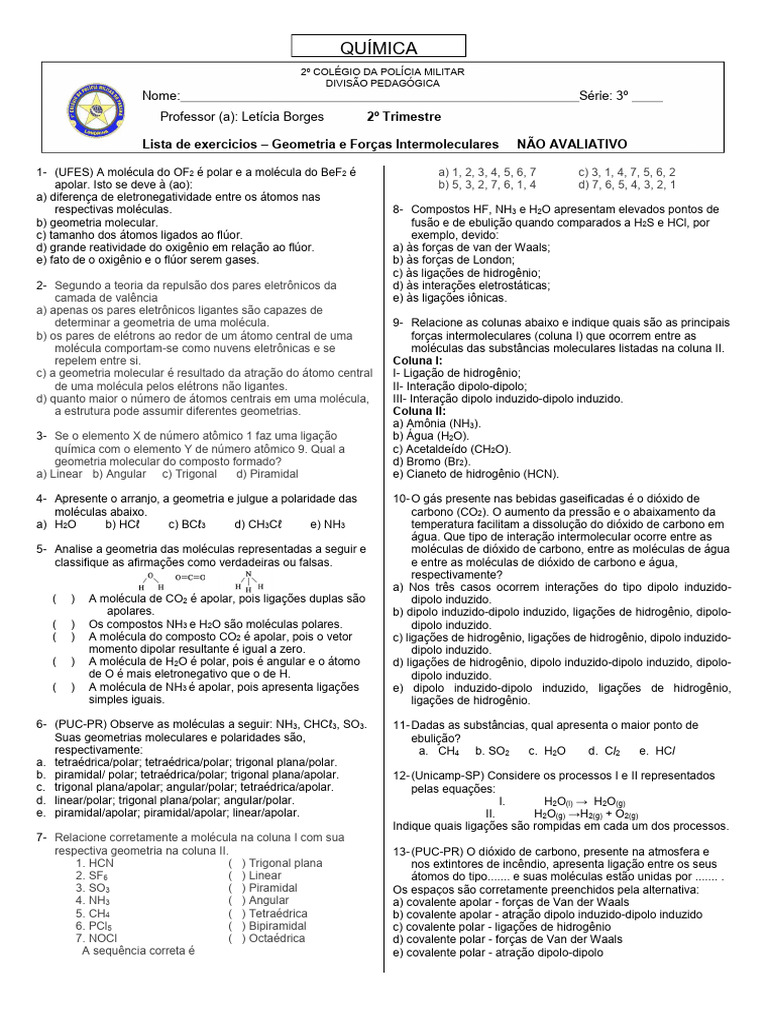 3ano - Lista Exer - Geometria e FI | PDF | Polaridade química | Moléculas