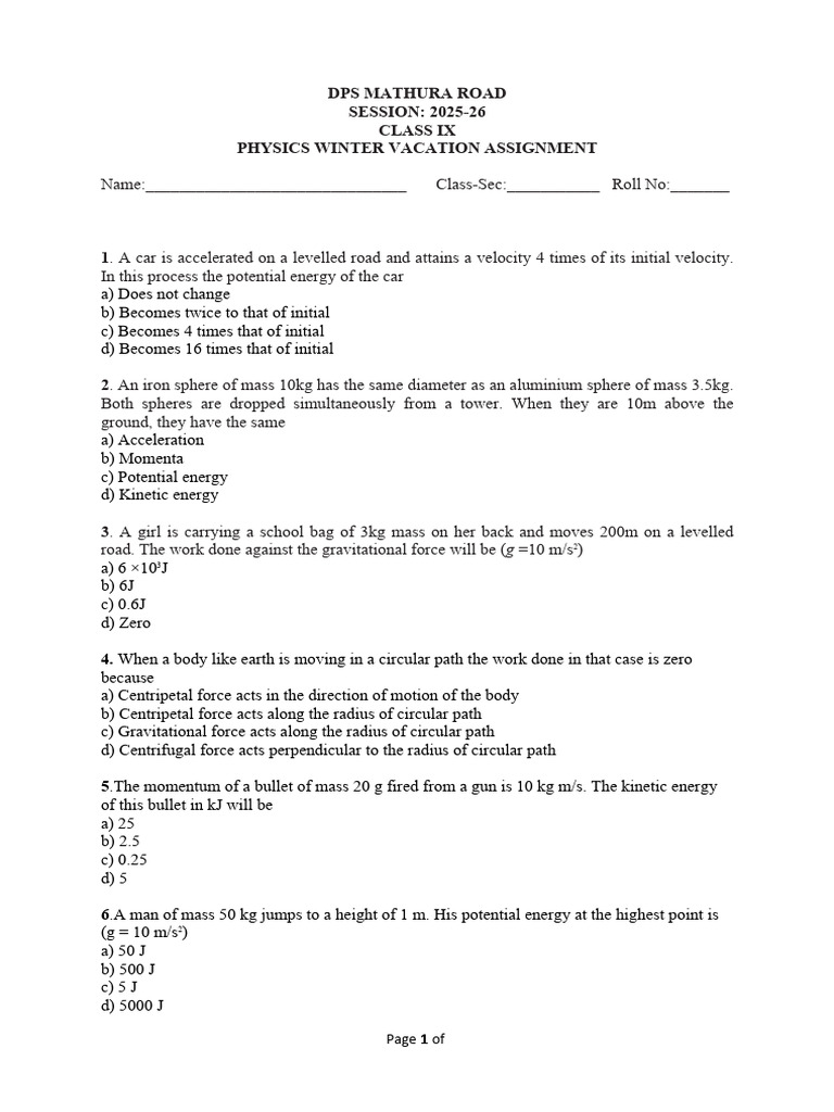 Class IX - Physics Winter Vacation Assignment (1) | PDF