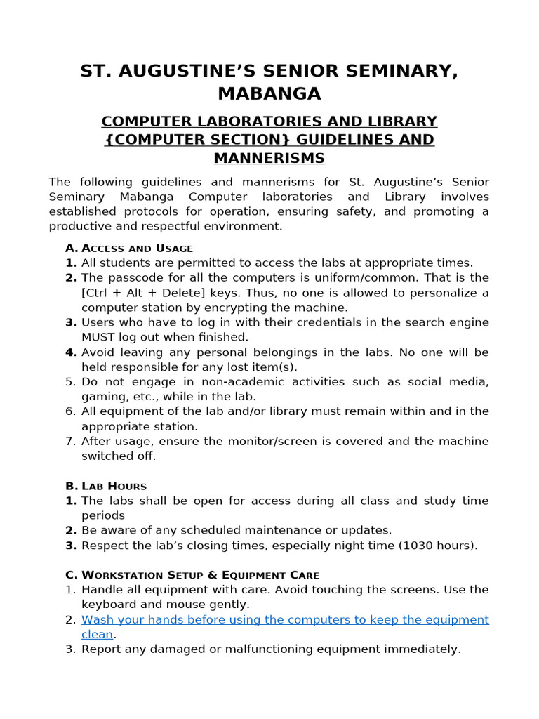 Computer Laboratories and Library Guidelines and Mannerisms | PDF ...