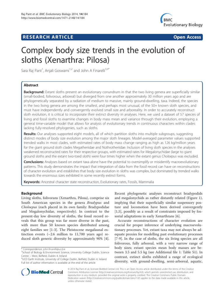Sloth Body Size Evolution Analysis | PDF | Phylogenetics | Evolution