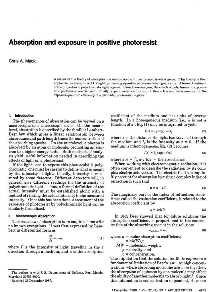 Photoresist Absorption and Exposure Analysis | PDF | Refractive Index ...