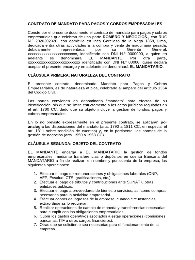 Contrato de Mandato Modelo 2026 | PDF | Pagos | Dinero