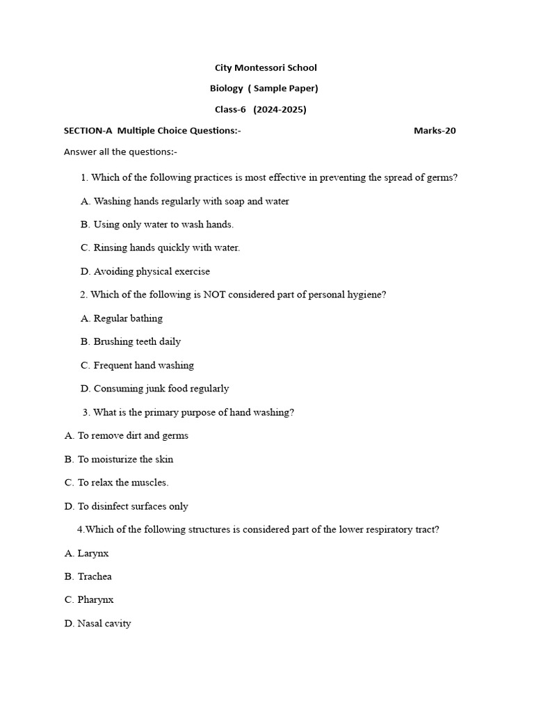 Class 6 Biology Sample Paper 2024-2025 | PDF | Digestion | Respiratory ...