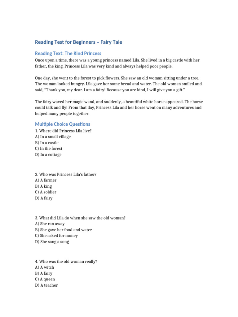 Beginner Reading Test: Kind Princess Story | PDF