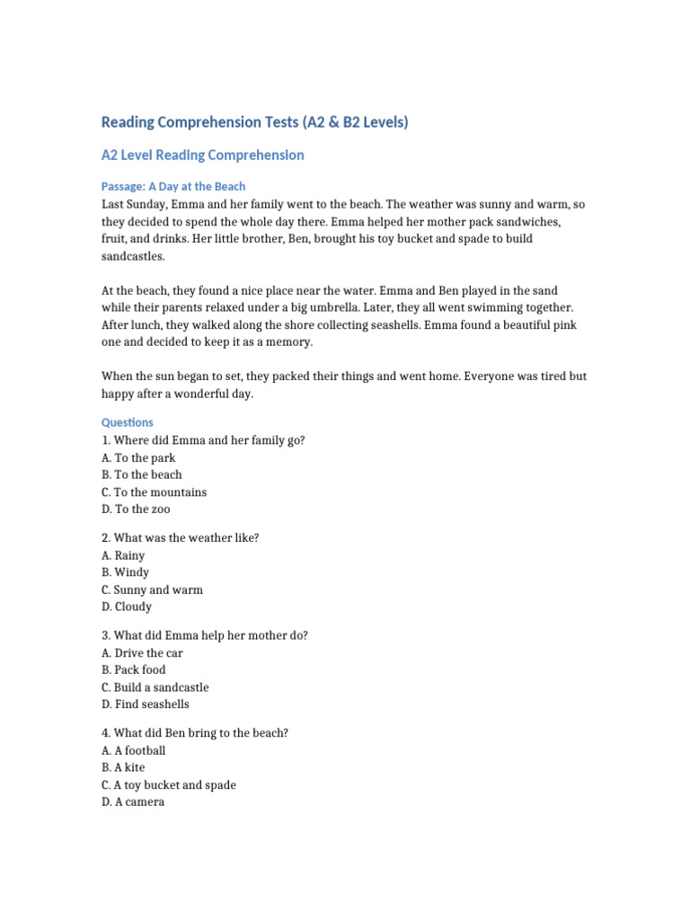 Reading Comprehension Tests A2 B2 | PDF