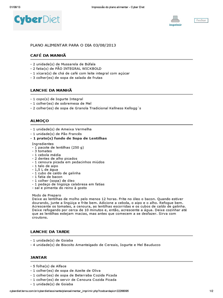 Plano Alimentar Detalhado para 03/08/2013 | PDF | Caldo | Alimentos