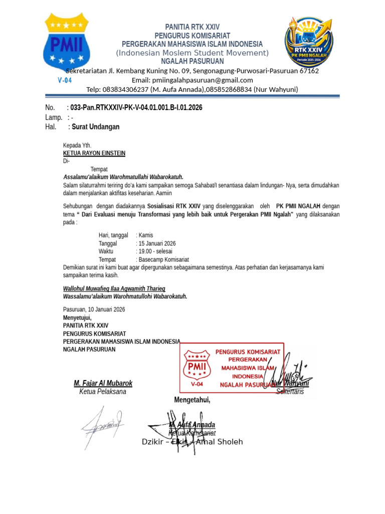 Undangan Sosialisasi RTK XXIV PMII Ngalah | PDF