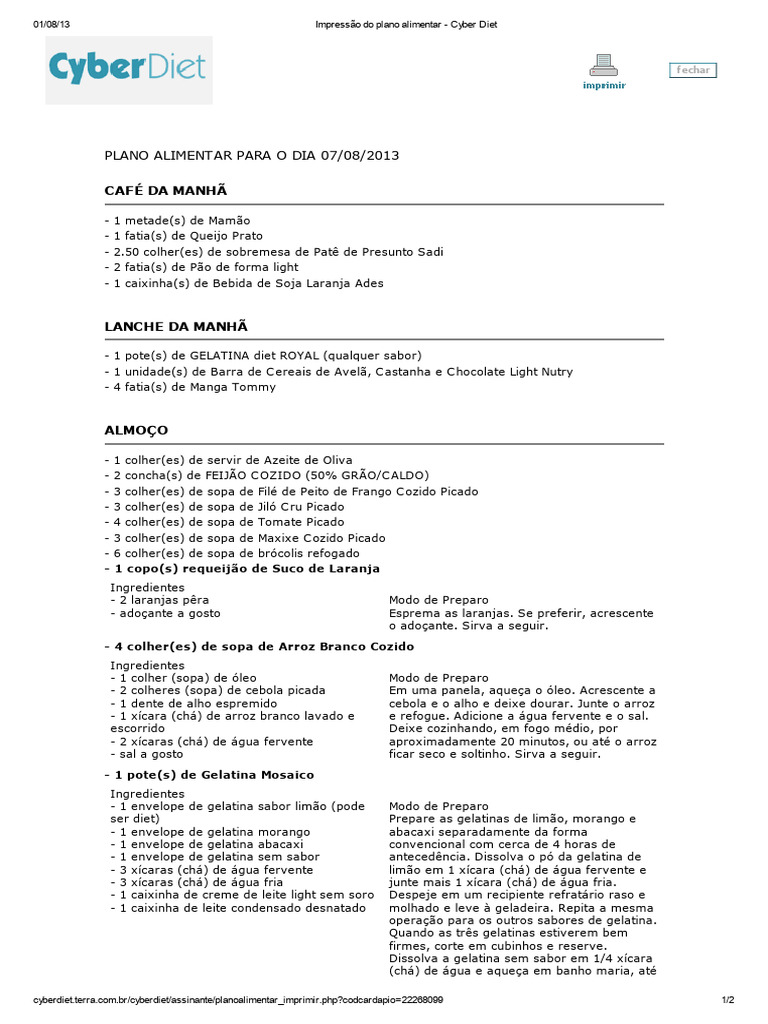6 - Plano Alimentar - Cyber Diet | PDF | Chá | Culináriar