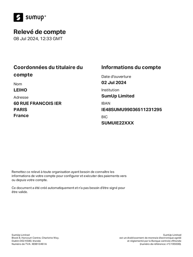 Informations de compte SumUp Limited | PDF