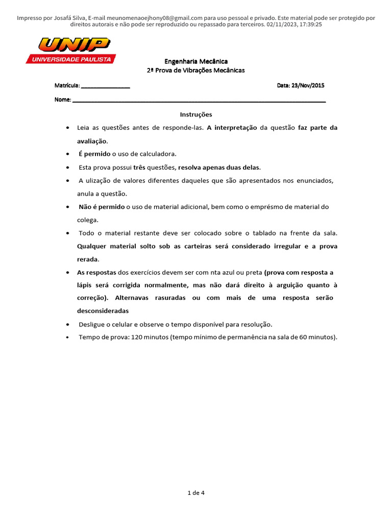 P2_vibrações mecânicas unip _ Passei Direto | PDF | Oscilação | Massa