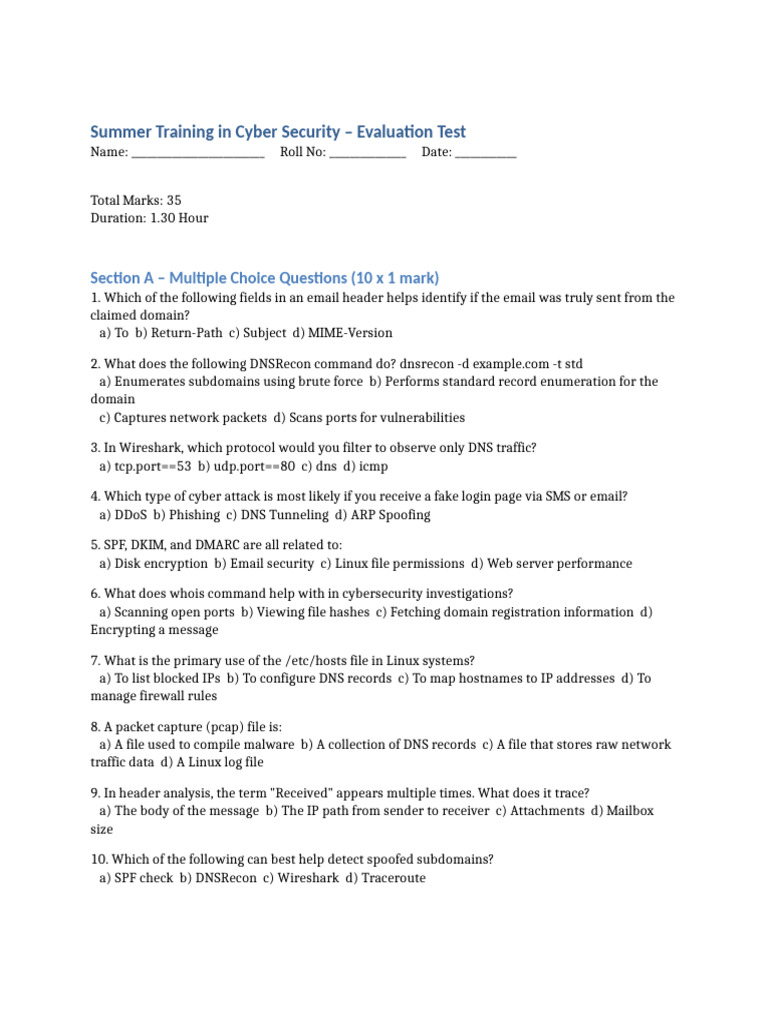 Cyber Security Summer Training Test | PDF | Domain Name System | Domain ...
