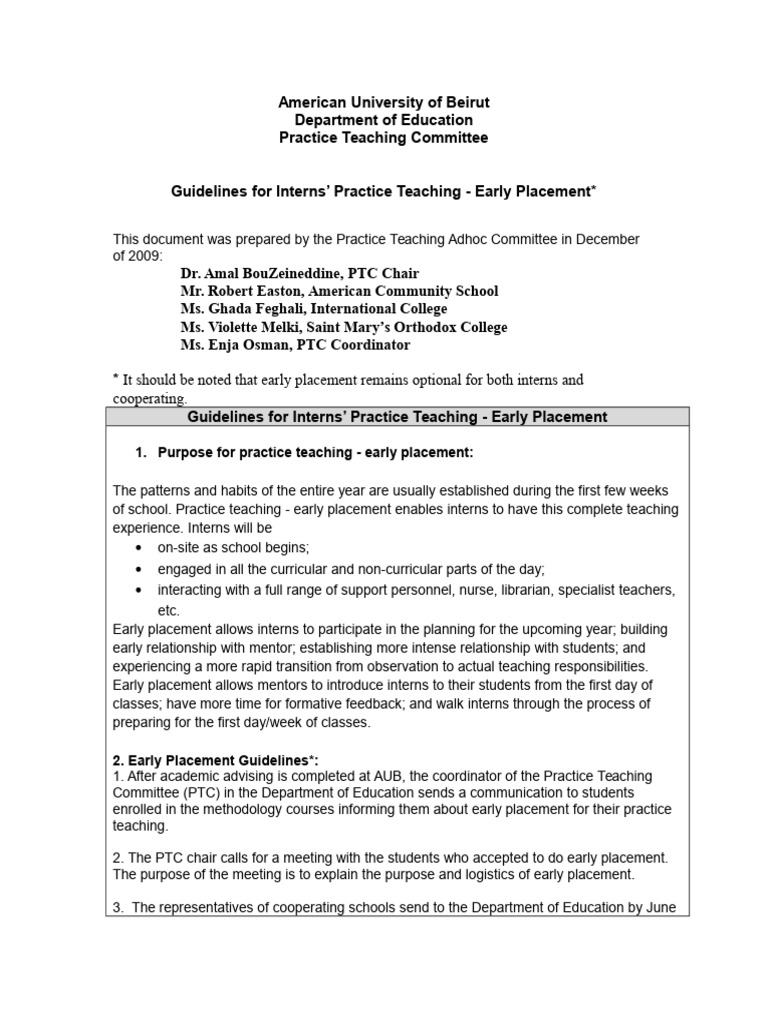 PTC Guidelines for Early Placement | PDF