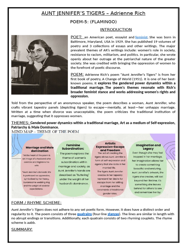 Adrienne Rich's "Aunt Jennifer's Tigers" Analysis | PDF